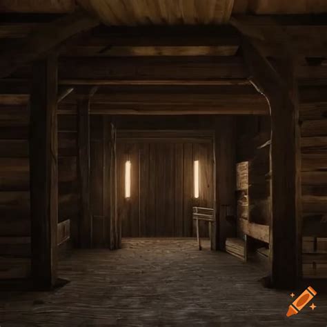 The Interior Of Dark Barn Hay Beams Straw Loose Boards Sunlight Shining