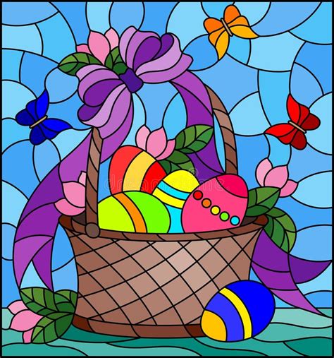 Stained Glass Illustration For Easter Basket With Easter Eggs And