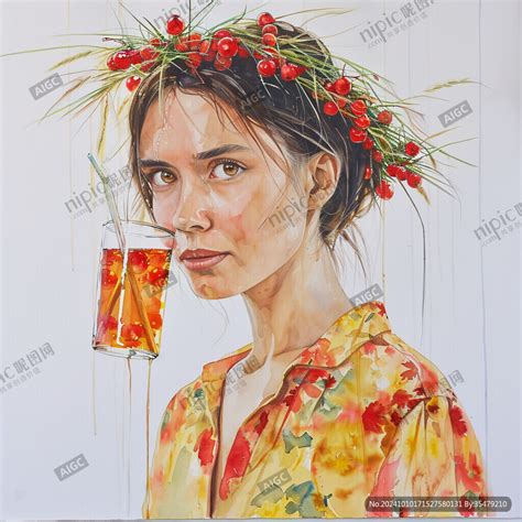 Ai创作图手绘喝饮料美女 手绘茶女 女性插画绘画时尚彩绘 茶女插画 彩绘女人植物抽象画 写实人物插画 俄罗斯插画水彩彩绘 异国风情女子油画 数字油画插画设计 奶茶美女商业插画 俄罗斯水彩插画