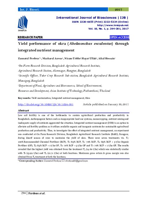 Pdf Yield Performance Of Okra Abelmoschus Esculentus Through