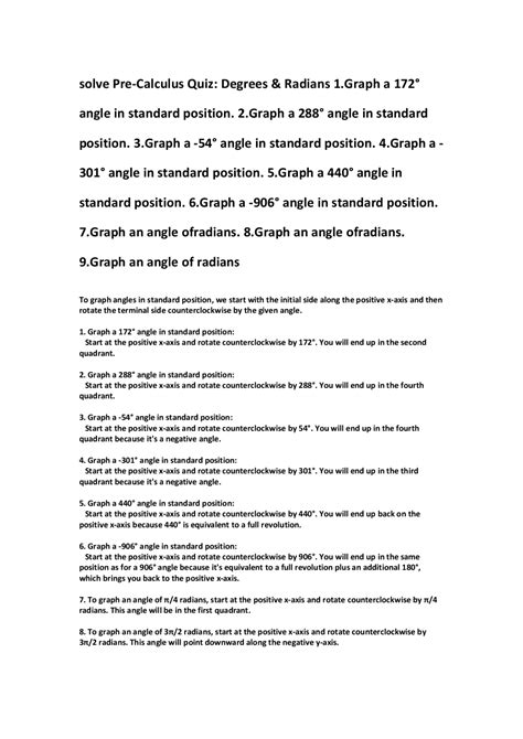 Pre Calculus Quiz Degrees And Radians Quizzes Mathematics Docsity