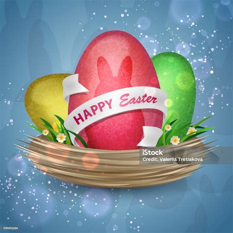 빨강 녹색 토끼의 그림자가 있는 금색 달걀 리본 및 텍스트 풀과 꽃이 있는 둥지에서 행복한 부활절 파란색 배경입니다 벡터 일러스트 레이 션입니다 배너 카드 포스터 휴일