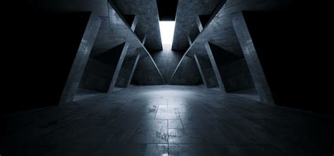 Sci Fi 미래 삼각형 외계인 우주선 콘크리트 시멘트 아스팔트 현실적인 터널 복도 복도 쇼룸 창고 스튜디오 지하 격납고 차고 3d 렌더링 0명에 대한 스톡 사진 및 기타