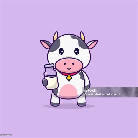 귀여운 젖소 서서 우유 만화 벡터 일러스트 레이 션을 들고 미소 암소에 대한 스톡 벡터 아트 및 기타 이미지 암소 귀여운