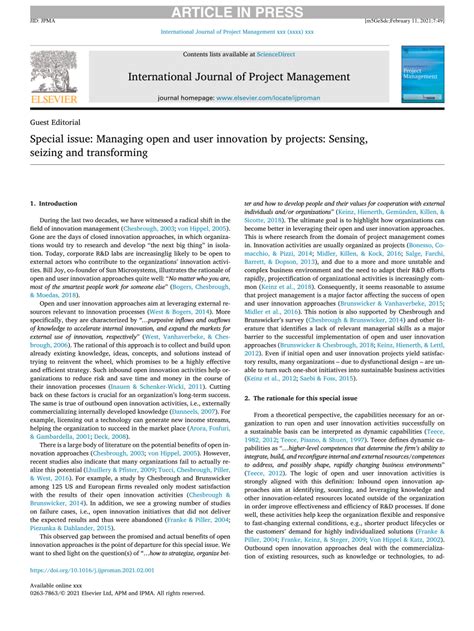 Pdf Special Issue Managing Open And User Innovation By Projects Sensing Seizing And