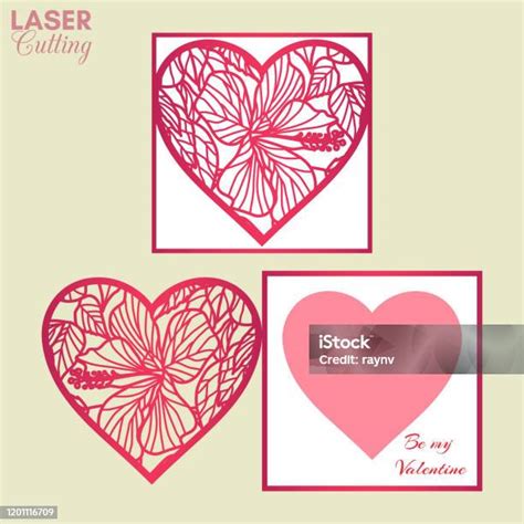 히비스커스 꽃과 잎의 심장 패턴으로 레이저 컷 접이식 카드 템플릿 브로셔 결혼식 초대장 또는 발렌타인 데이 인사말 카드를위한 열대 패턴 템플릿 0명에 대한 스톡 벡터 아트