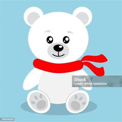 앉아 있는 포즈에 빨간 스카프에 달콤하고 귀여운 고립 된 흰색 크리스마스 북극곰 겨울에 대한 스톡 벡터 아트 및 기타 이미지