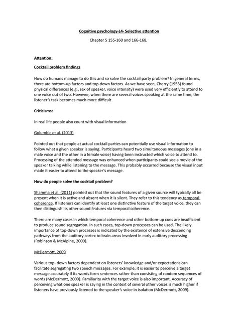 L4 Selective Attention Cognitive Psychology L4 Selective Attention Chapter 5 155 160 And 166