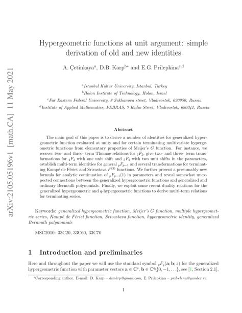 Pdf Hypergeometric Functions At Unit Argument Simple Derivation Of Old And New Identities