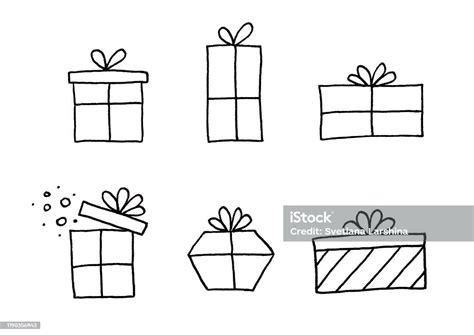 6 개의 선형 간단한 선물 상자 아이콘 세트입니다 흰색 배경에 트렌디 한 평면 디자인 스타일입니다 손으로 그린 그림입니다 0명에 대한 스톡 벡터 아트 및 기타 이미지