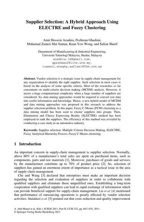 Pdf Supplier Selection A Hybrid Approach Using Electre And Fuzzy Clustering