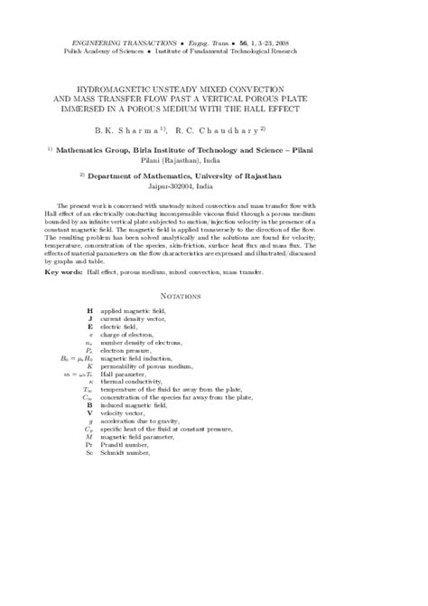 Pdf Hydromagnetic Unsteady Mixed Convection And Mass Transfer Flow Past A Vertical Porous