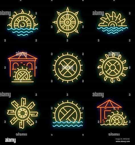 Water Mill Icons Set Outline Set Of Water Mill Vector Icons Neon Color On Black Stock Vector