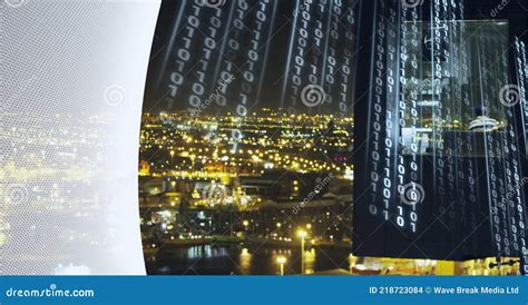Composition Of Binary Coding Over Cityscape At Night And White Edge