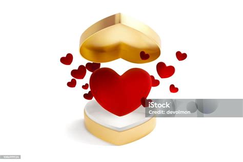 빨간 심 혼 발렌타인 데이 또는 특별 한 날 사랑 개념에 대 한 황금과 빨간 하트를 비행 상자를 엽니다 흰색 배경에 고립 된 큰 황금 마음으로 오픈 빨간 선물 상자 벡터