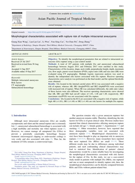 Pdf Morphological Characteristics Associated With Rupture Risk Of Multiple Intracranial Aneurysms