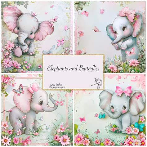 Elephant Butterfly Paper Pastel Floral Designs Digital Download Etsy