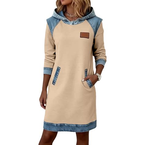 Color Block Hoodie Dress Womens Long Sleeve Knit Sweater Dress With