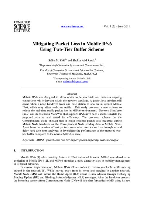 pdf mitigating packet loss in mobile ipv6 using two tier buffer