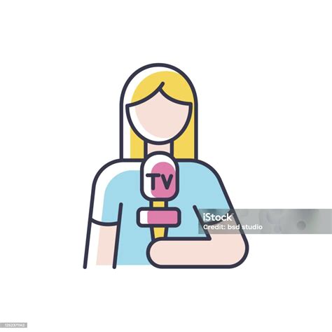 저널리스트 Rgb 색상 아이콘 뉴스를 전달하는 사람 마이크를 들고 있는 여자 텔레비전으로 방송 Tv에서 대중 언론 발표자 마이크와 특파원 격리된 벡터 그림 스피커에 대한
