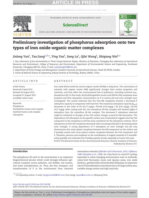 Pdf Preliminary Investigation Of Phosphorus Adsorption Onto Two Types Of Iron Oxide Organic