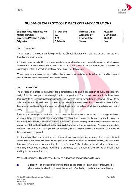 Guidance On Protocol Deviations And Violations