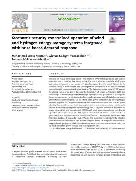 Stochastic Security Constrained Operation Of Wind And Hydrogen Energy Storage Systems Integrated