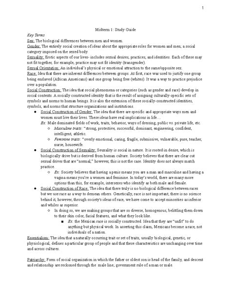 Midterm 1 GWS Study Guide 1 Midterm 1 Study Guide Key Terms Sex The Biological Differences