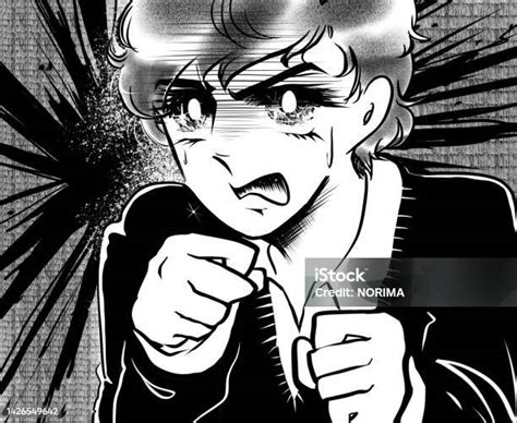 일본 70년대 쇼조 만화검은 머리와 자연스러운 파마를 가진 아름다운 소년의 흑백 일러스트레이션이 배신에 분노하며 눈부신 모습 짜증에 대한 스톡 벡터 아트 및 기타 이미지