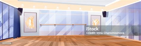 발레 스튜디오 인테리어 디자인 배경 난간 나무 바닥 거울 발레리나 창문이있는 포스터와 함께 수업을위한 댄스 학교의 방 수평 파노라마 벡터 일러스트레이션 무도회장에 대한 스톡