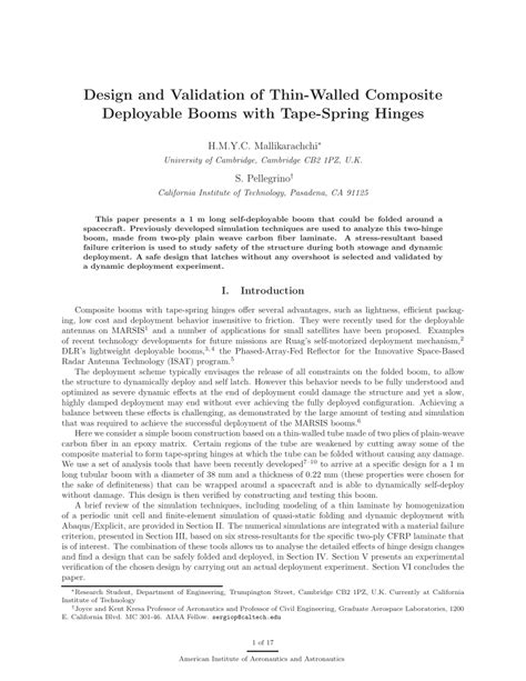 Pdf Design And Validation Of Thin Walled Composite Deployable Booms With Tape Spring Hinges
