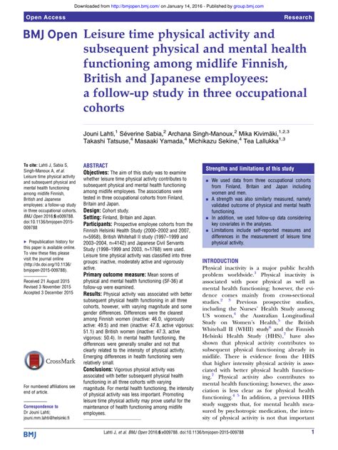 Pdf Leisure Time Physical Activity And Subsequent Physical And Mental