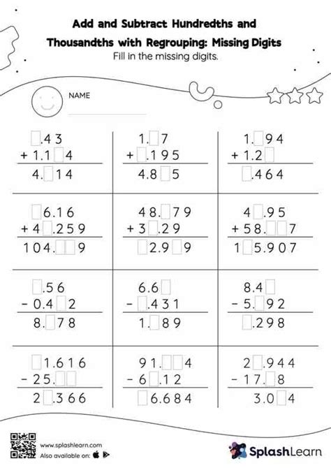 Add And Subtract Hundredths And Thousandths With Regrouping Missing Digits Math Worksheets