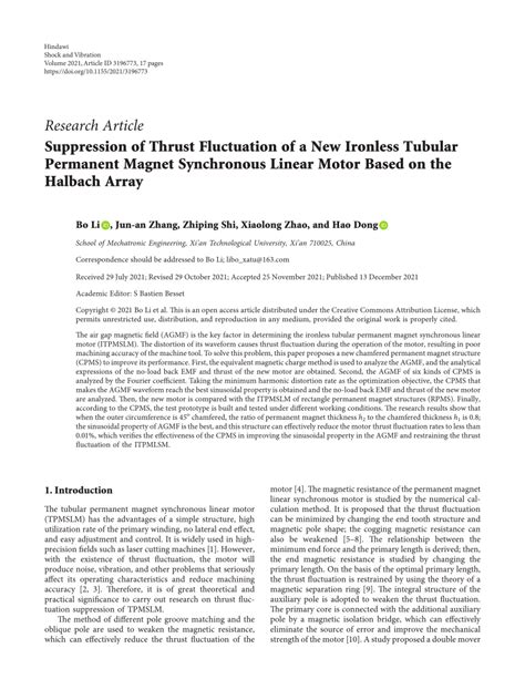 Pdf Suppression Of Thrust Fluctuation Of A New Ironless Tubular Permanent Magnet Synchronous