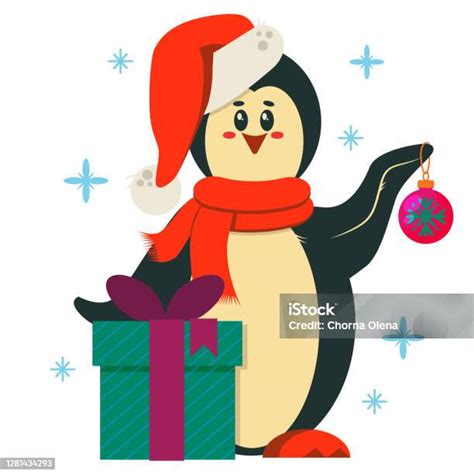 선물 상자를 들고 스카프와 빨간 모자귀여운 크리스마스 펭귄 흰색 배경에 격리된 플랫 일러스트레이션 12월에 대한 스톡 벡터 아트 및 기타 이미지 Istock