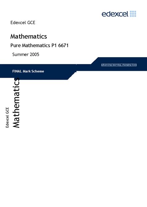 P1 June 2005 Mark Scheme Final Mark Scheme Summer 2005 Edexcel Gce