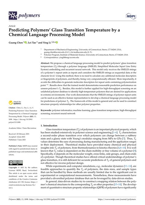 Pdf Predicting Polymers Glass Transition Temperature By A Chemical Language Processing Model
