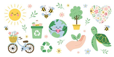 지구의 날은 친환경 요소가 들어간 귀여운 세트입니다 마음 웃는 태양 꿀벌 재활용 쓰레기통 자전거 거북이 식물 꽃이 있는 행복한 행성 생태학 환경 보호 플랫 벡터 일러스트