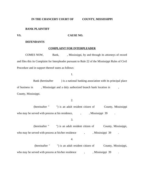 Complaint For Interpleader By Bank Mississippi Form Fill Out And Sign