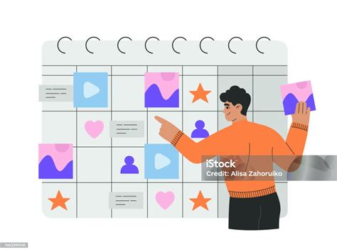 콘텐츠 계획 개념입니다 달력에서 작업 과정을 계획하는 남자 개념에 대한 스톡 벡터 아트 및 기타 이미지 개념 개발 경영자