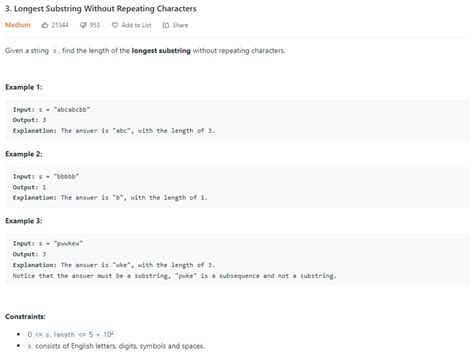 3 Longest Substring Without Repeating Characters