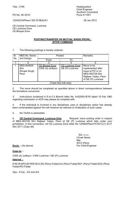 Tele 2195 Headquarters Chief Engineer Southern Command Po