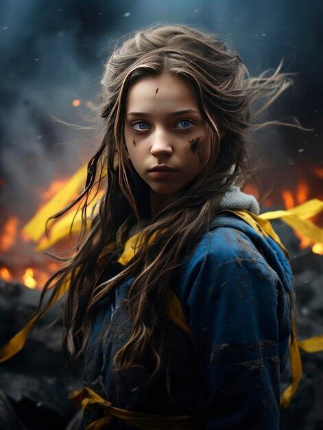 Linda jovem ucraniana em roupas militares nacionais no contexto da devastação da guerra Foto