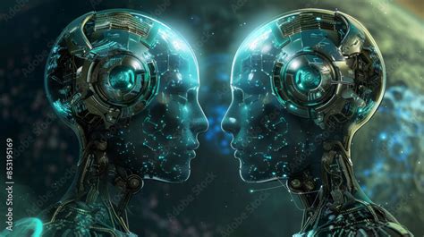 Two Robot Heads With Blue Eyes And Green Bodies The Robots Heads Look At Each Other