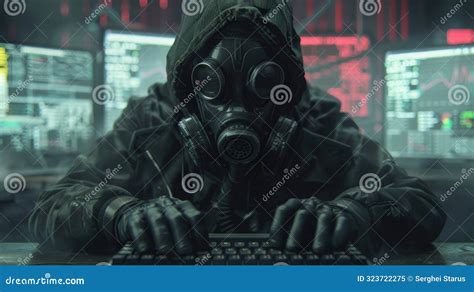 A Man In A Gas Mask Typing On His Computer Keyboard Ai Stock Image Image Of Computer Mask