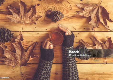 여성의 손에 차 한 잔 나무 테이블 위에 가을 잎 가을 정물 개념 가을 가을 음식과 음료 맨 위 보기 가을에 대한 스톡 사진 및