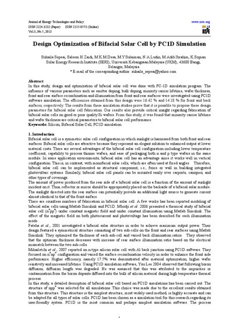 Design Optimization Of Bifacial Solar Cell By Pc1d Simulation Download Free Pdf Solar Cell