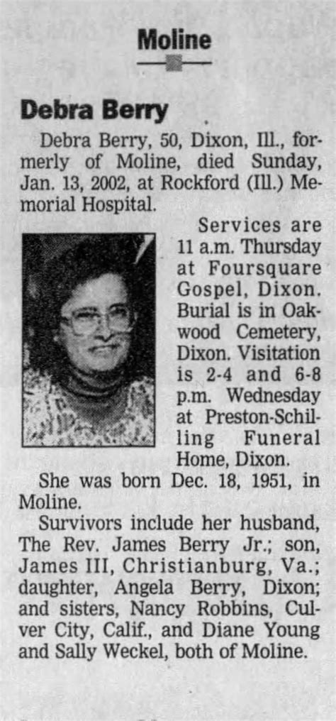 Debra Berrys Obituary Copied January 14 2002 ™