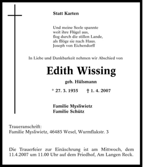 Traueranzeigen Von Edith Wissing Trauer In Nrw De