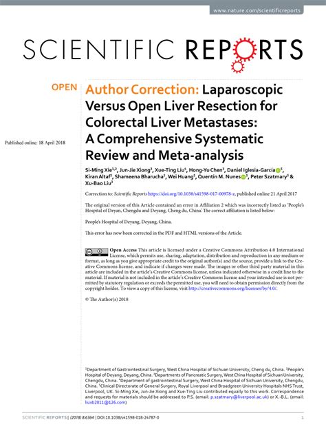 Pdf Author Correction Laparoscopic Versus Open Liver Resection For Colorectal Liver